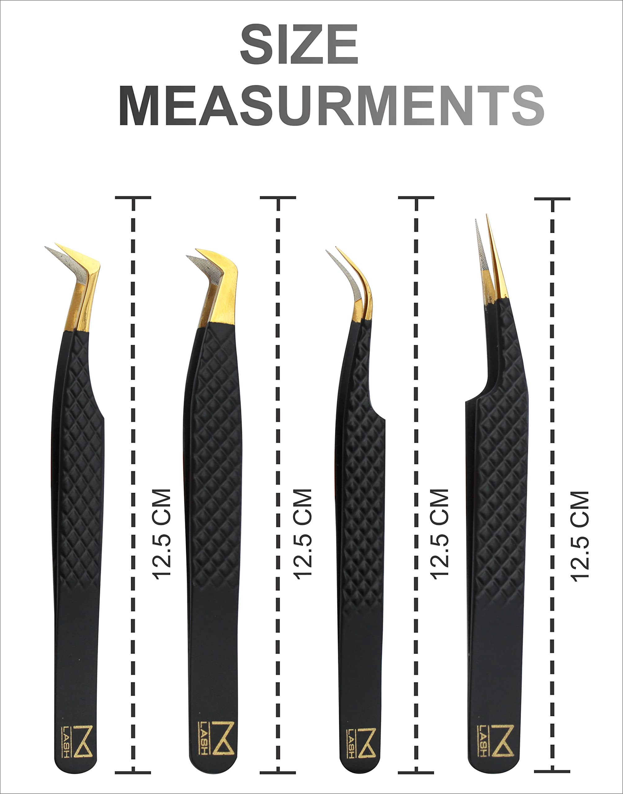 M LASH Eyelash Extension Tweezers (Set of 4) - Professional & Precision Lash Tweezers for Eyelash Extensions - Japanese Steel, Diamond Grip, Fiber Tip (Matte Black)