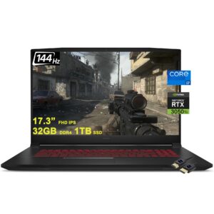 msi katana gf76 17 gaming laptop i 17.3” fhd ips 144hz i intel 8-core i7-11800h i 32gb ddr4 1tb ssd i geforce rtx 3050 ti i usb-c hdmi backlit win10 black w/dlca accessory