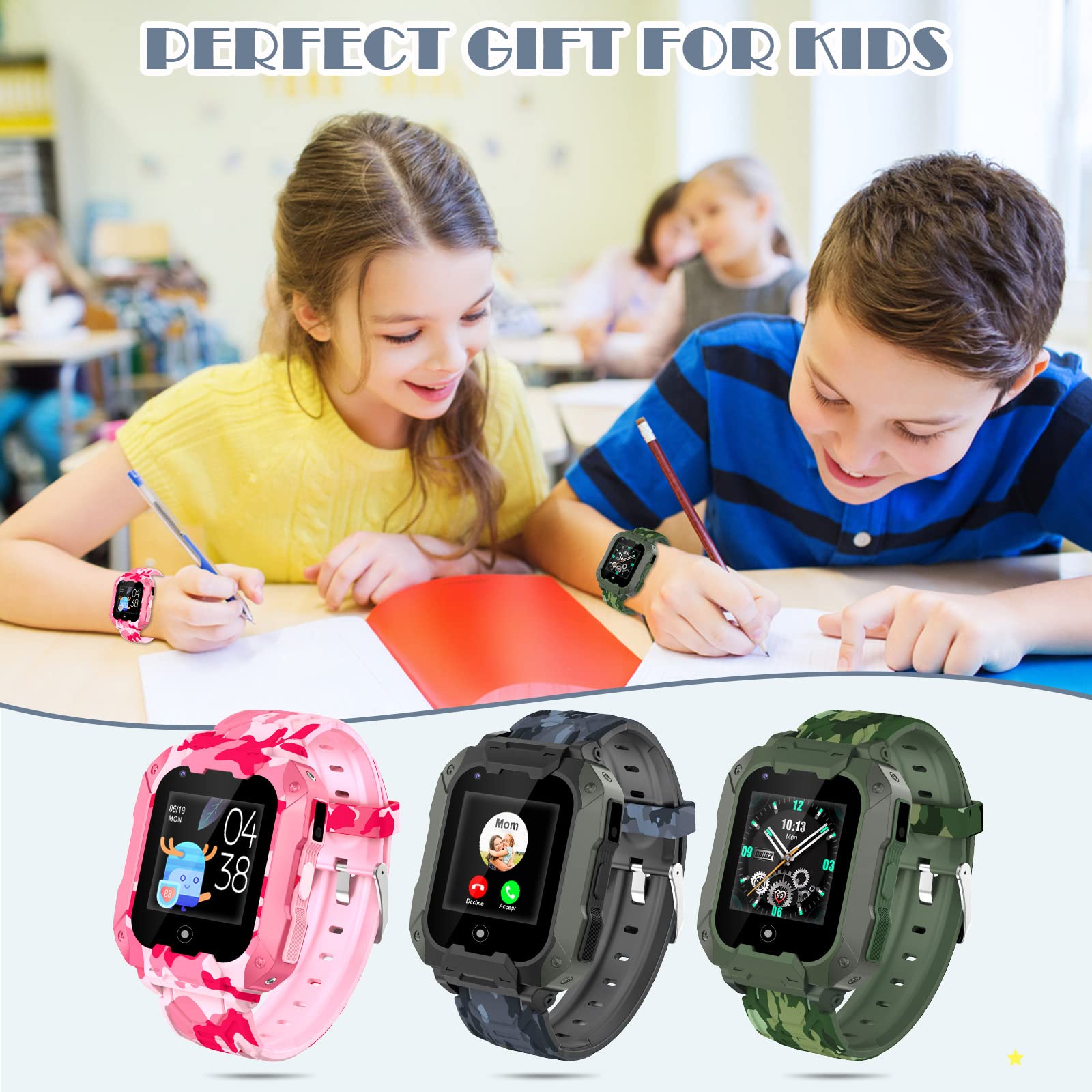 Kids Smart Watch Girls Boys, 4G Smart Watches with Dual ​Camera, IP67 Waterproof, 2-Way Calls, GPS Tracker, SOS Alarm Clock Children Wrist Watch Phone Smartwatch for Age 3-14 Birthday Gifts (Black)