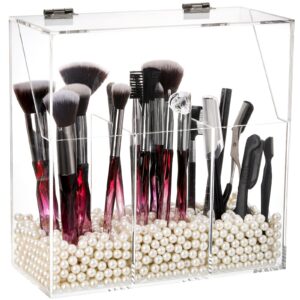 okllen makeup brush holder with dustproof lid, white pearls, acrylic clear makeup brush organizer with 3 compartment, large cosmetic brush storage box case for vanity, bathroom, bedroom