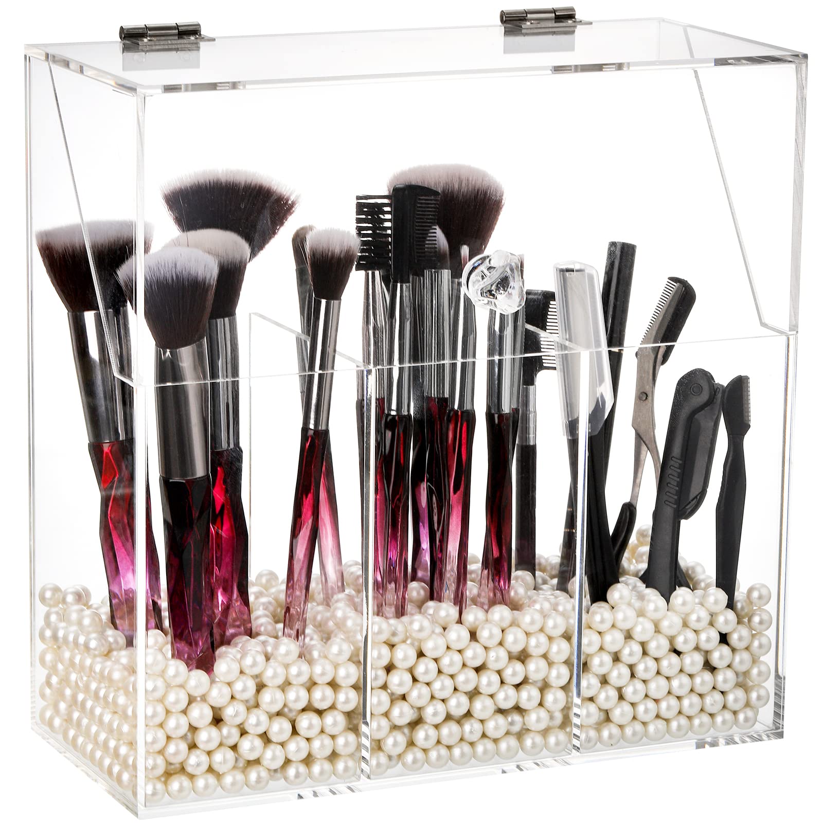 Okllen Makeup Brush Holder with Dustproof Lid, White Pearls, Acrylic Clear Makeup Brush Organizer with 3 Compartment, Large Cosmetic Brush Storage Box Case for Vanity, Bathroom, Bedroom