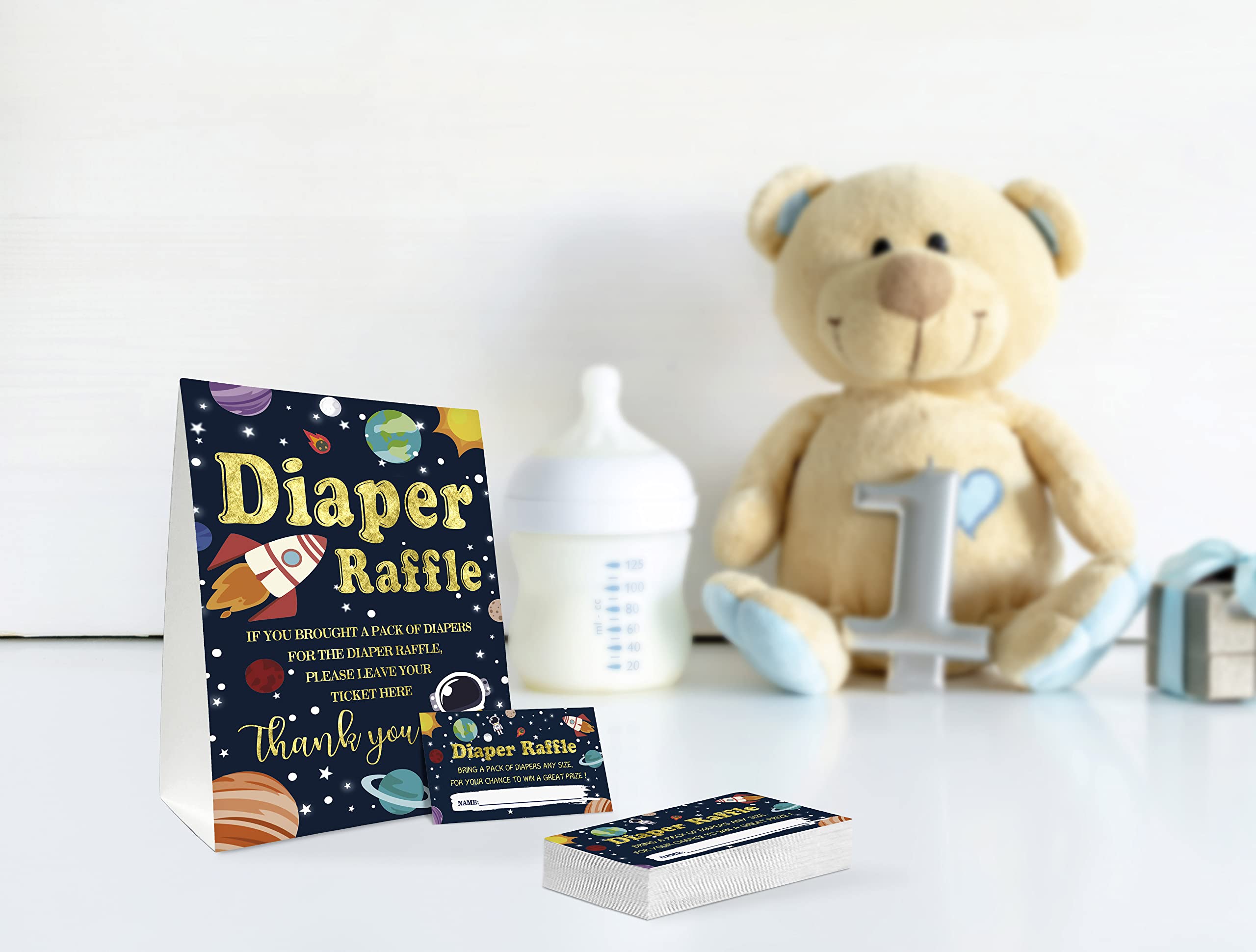 Nopoben Diaper Raffle Baby Shower Game, 1 Standing Sign and 50 Tickets, Outer Space Theme Gender Neutral for Boys or Girls, Bring A Pack of Diapers for Mom-to-Be, (035)