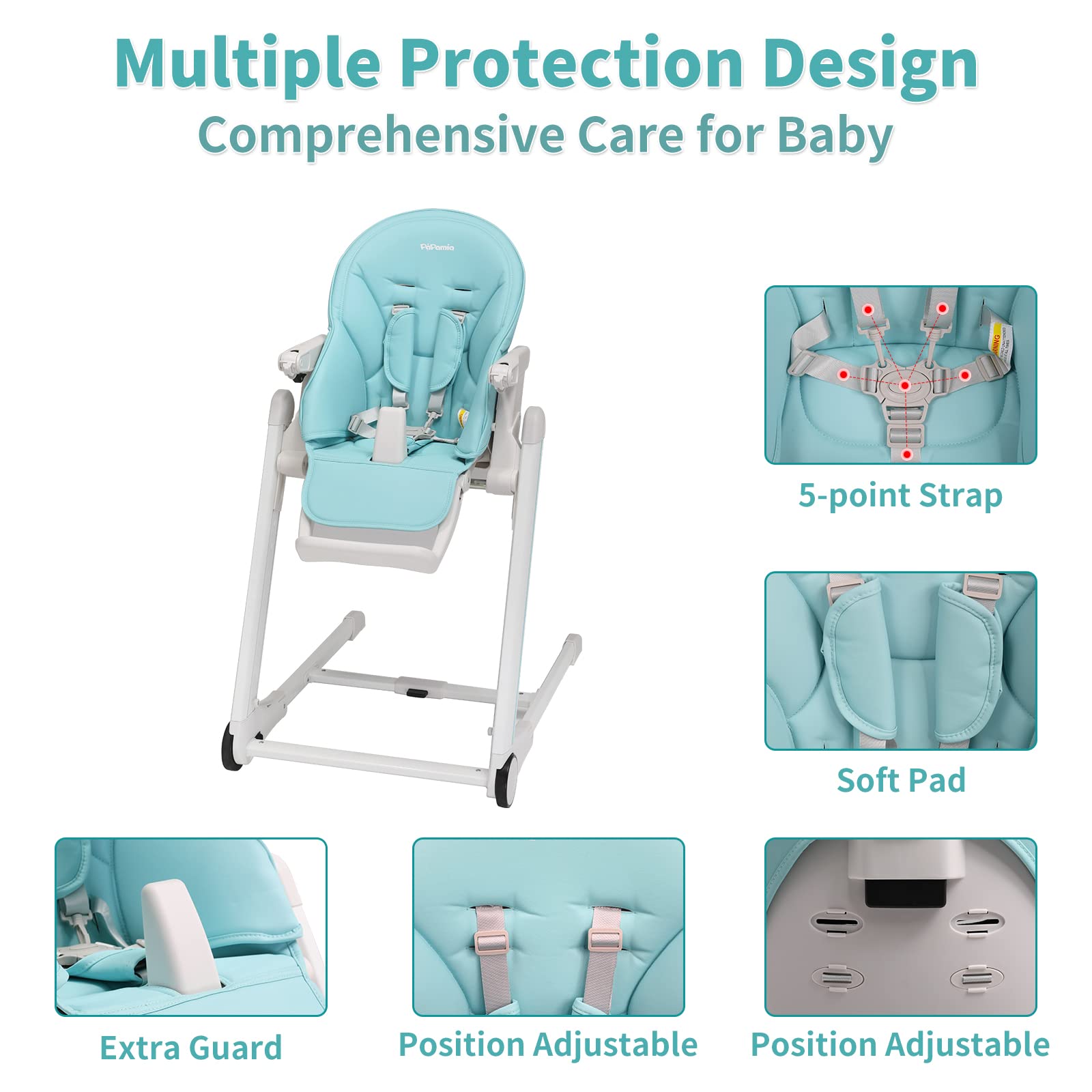 PAPAMIA Baby High Chair for Toddlers, Folding Portable Infant Feeding Dining Chair, 5-Level Height Adjust Easy-to-Clean Baby Chair with Safety Buckle (Blue)