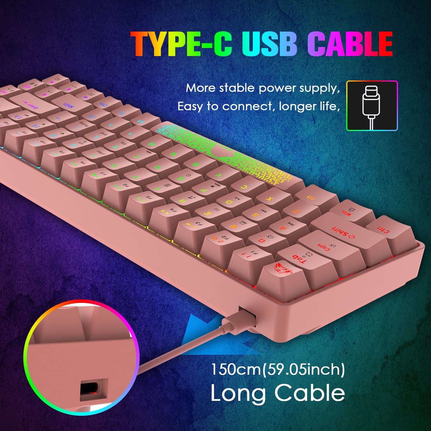 60% Ture Mechanical Gaming Keyboard and Mouse Combo Samll Mini RGB Chroma 68Key Keyboard, Detachable USB Type-C Cable，Lightweight 6400DPI Honeycomb Mouse Compatible with PS4,Xbox,PC,Laptop,MAC