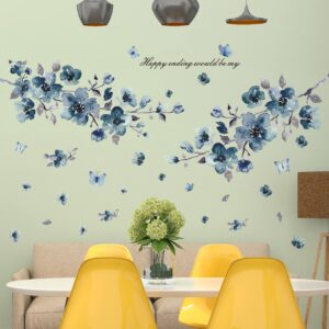 Removable Blue Peach Flowers Wall Decals 3D Cherry Blossom Floral Tree Branches Butterfly Wall Stickers DIY Flowers Butterfly Plants Wall Decor for Kids Bedroom Living Room Nursery Playroom DT-4956