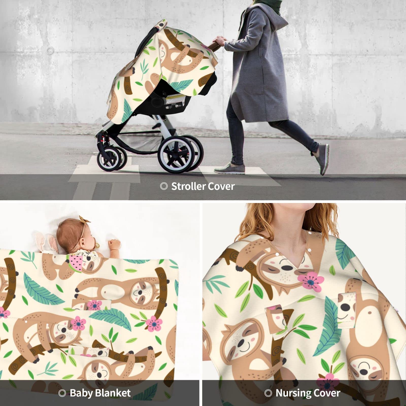 Rutiea Seamless Pattern with Cute Sloth Car Seat Cover for Babies, Peekaboo Opening Minky Carseat Canopy Stroller Cover for Newborn, Mom Nursing Breastfeeding Covers, Blanket for Infant Toddler