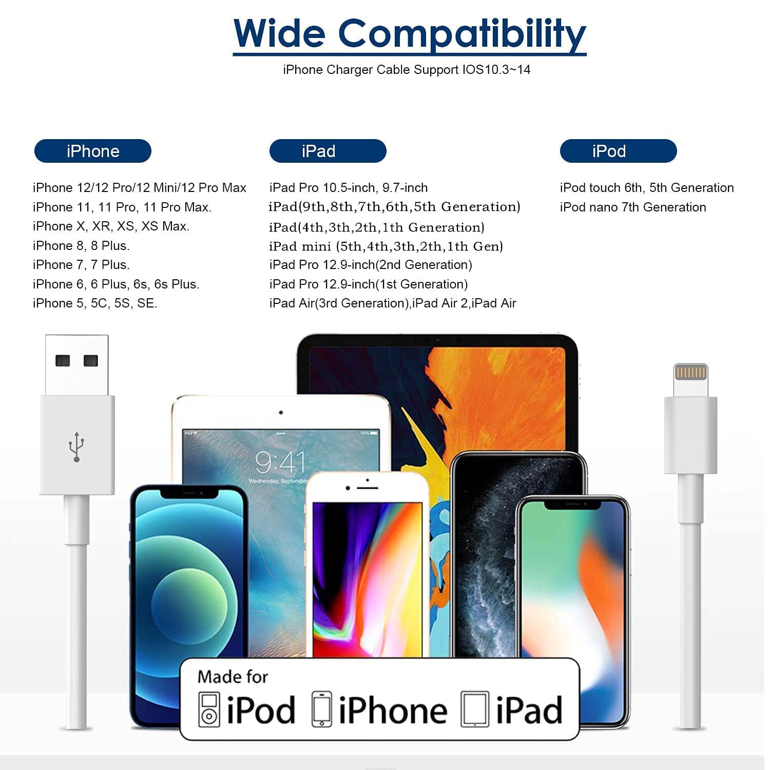 10FT iPad Charger,iPhone Charger [Apple MFi Certified],12W USB Wall Charger Foldable Portable Travel Plug with Long Lightning Cable Compatible for iPhone,iPad 4/5/6/7/8/9,iPad Mini 4/5,iPad Air 1/2/3