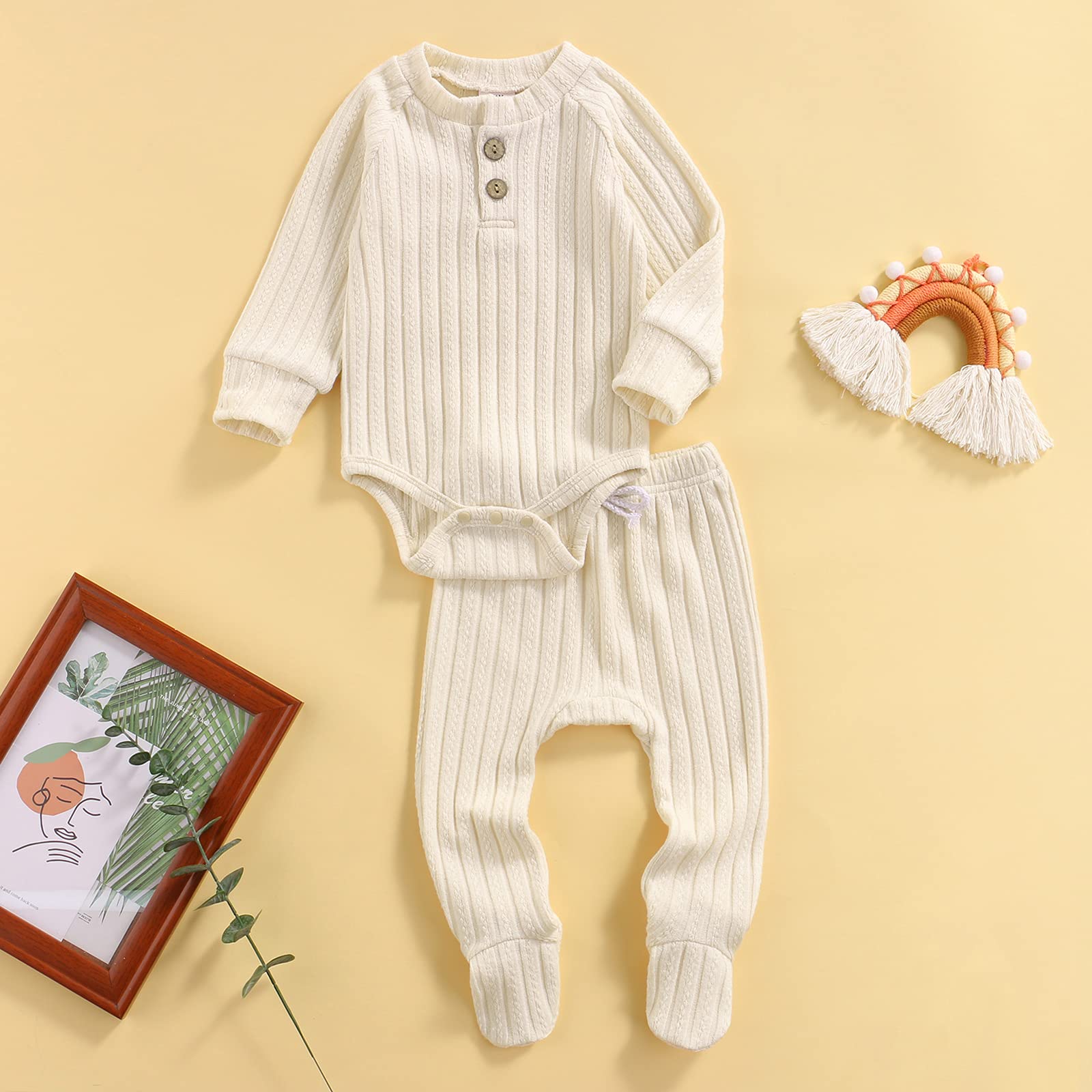 Qiylii 2 Piece Newborn Baby Girls Boys Clothes Sets Infant Solid Color Knit Cotton Romper Tops Pant Footies 0-18M (Beige, 0-3 Months)