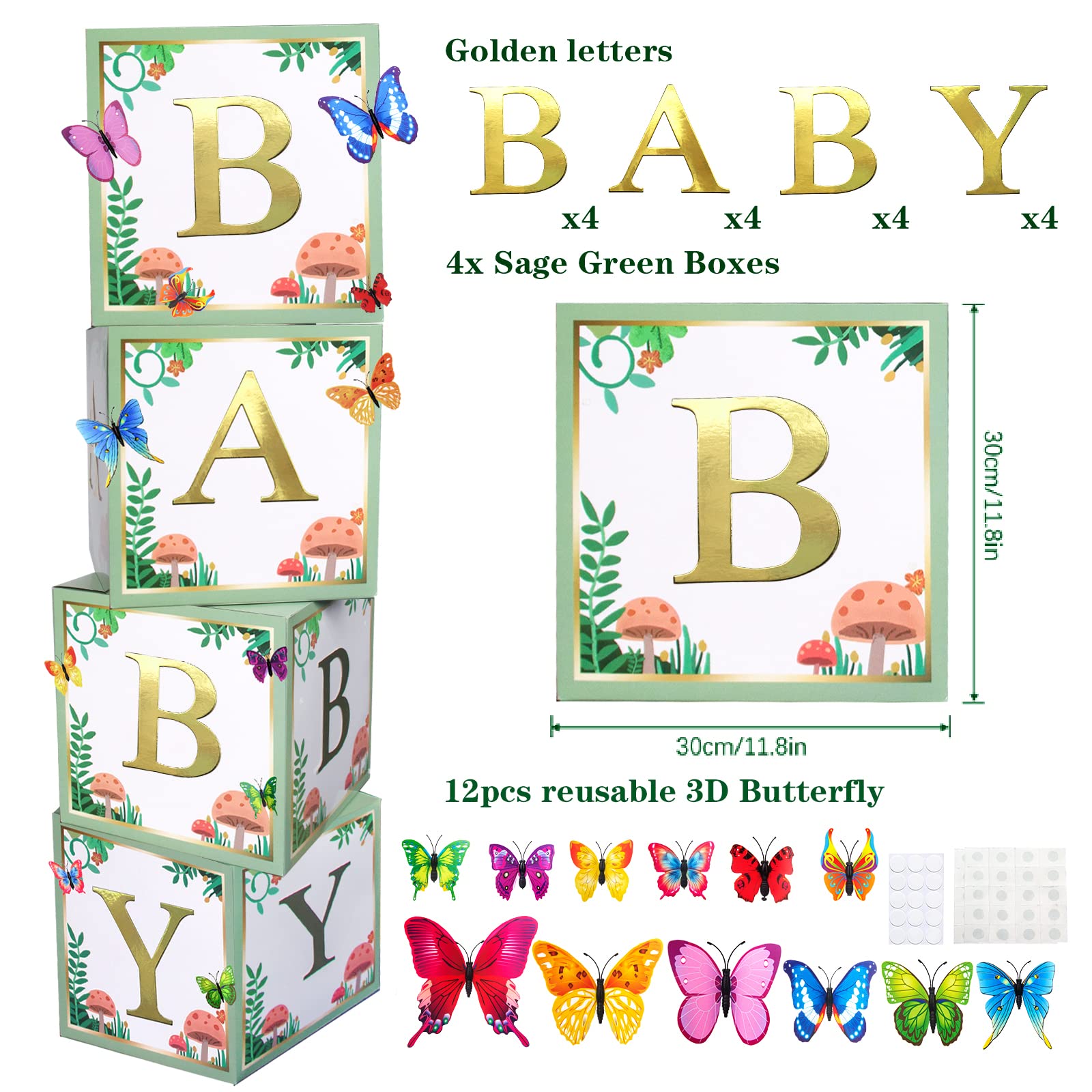 Baby Shower Decorations for Girl Sage Green Baby Block Box with Letters for Baby Shower Decor Neutral Baby Gender Reveal Decorations with 3D Butterfly