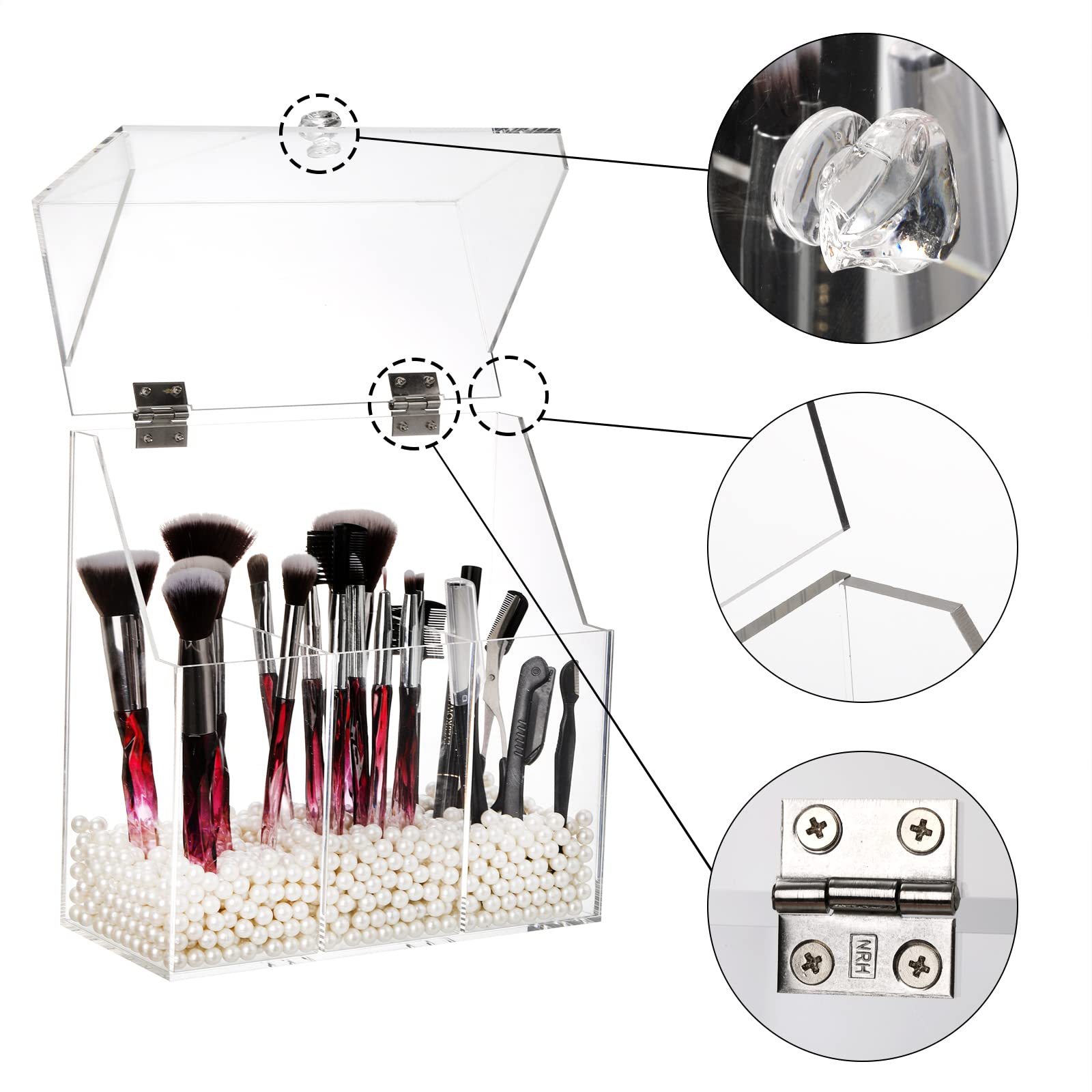 Okllen Makeup Brush Holder with Dustproof Lid, White Pearls, Acrylic Clear Makeup Brush Organizer with 3 Compartment, Large Cosmetic Brush Storage Box Case for Vanity, Bathroom, Bedroom