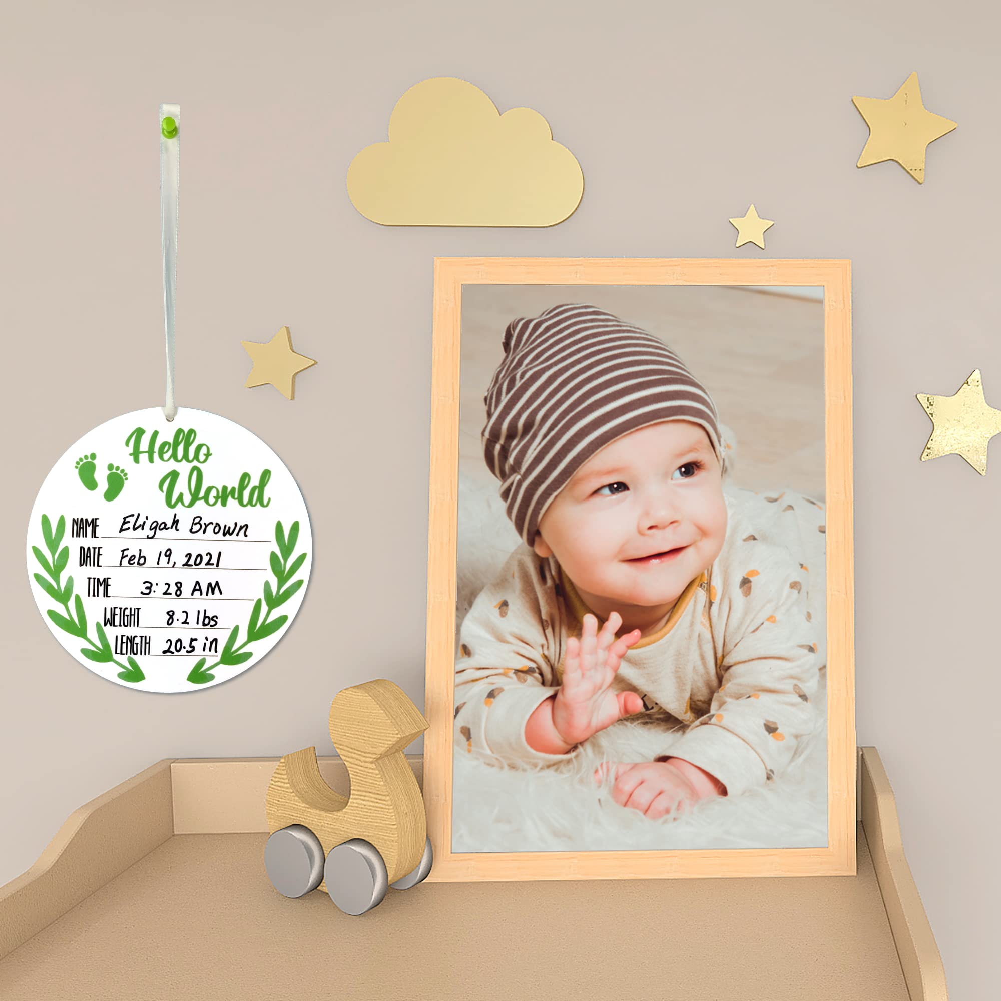 Birth Announcement Board for New Baby - 6-Inch Round Baby Announcement Sign, Baby Shower Gifts, Newborn Gifts - Hello World Newborn Sign, Baby Photo Props, Reversible Baby Milestone Card