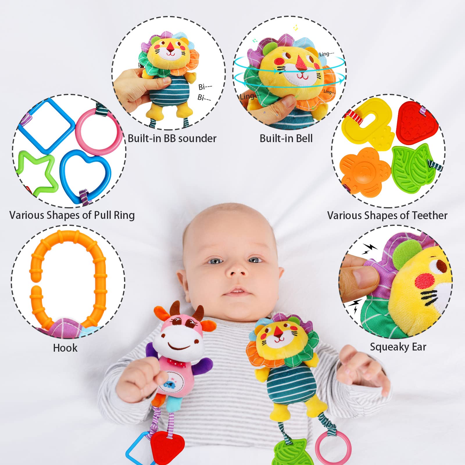 Baby Toys for 3 6 9 to 12 Months, Infant Toys Soft Hanging Rattle Crinkle Sensory Learning Toys Newborn Stroller Car Seat Crib Toys Plush Animal Rattle Toys with Teether for Baby Boys Girls