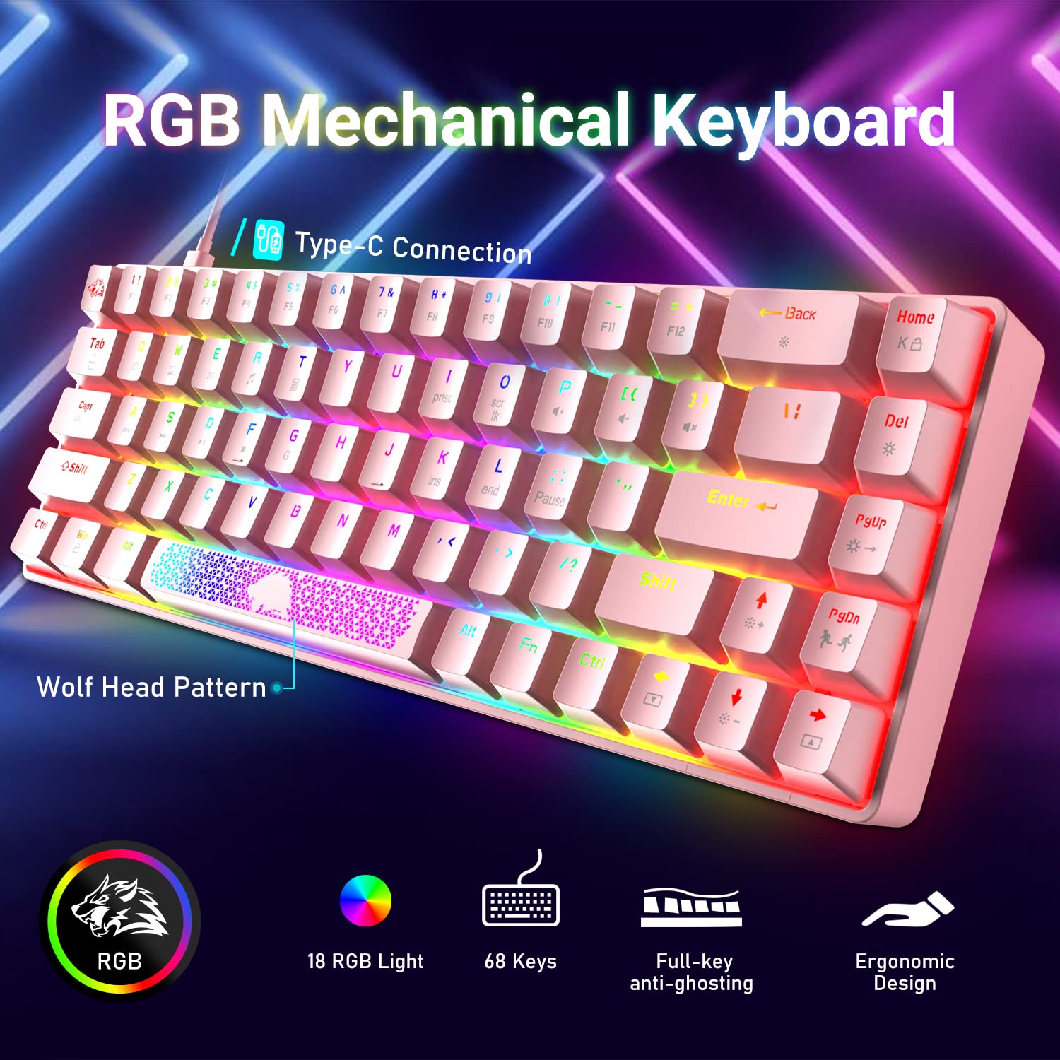 60% Ture Mechanical Gaming Keyboard and Mouse Combo Samll Mini RGB Chroma 68Key Keyboard, Detachable USB Type-C Cable，Lightweight 6400DPI Honeycomb Mouse Compatible with PS4,Xbox,PC,Laptop,MAC