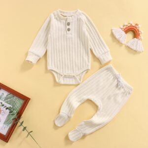 Qiylii 2 Piece Newborn Baby Girls Boys Clothes Sets Infant Solid Color Knit Cotton Romper Tops Pant Footies 0-18M (Beige, 0-3 Months)