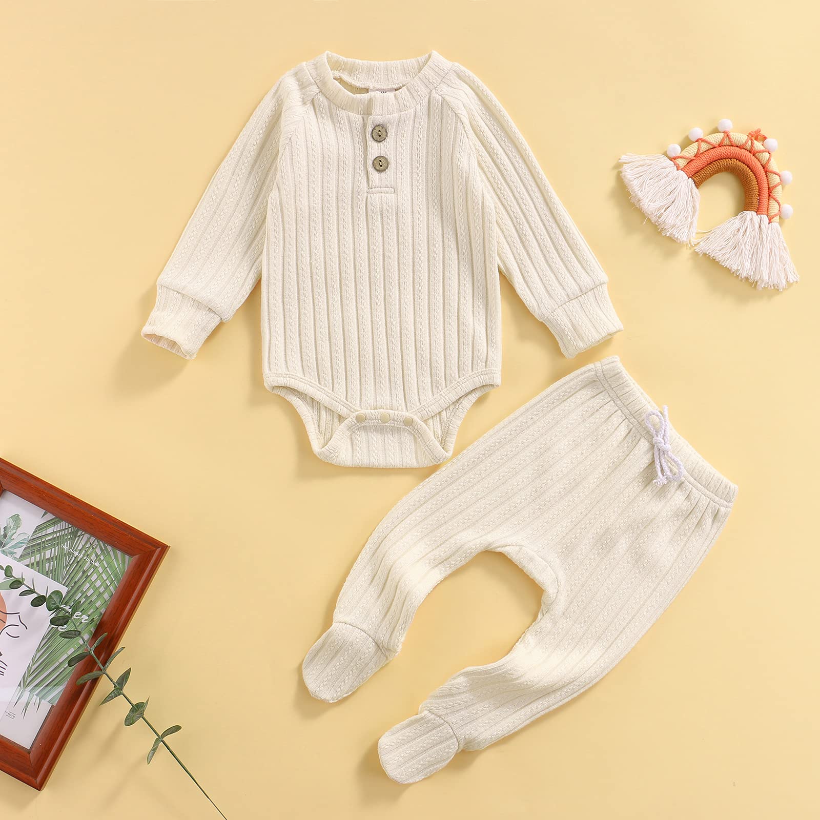 Qiylii 2 Piece Newborn Baby Girls Boys Clothes Sets Infant Solid Color Knit Cotton Romper Tops Pant Footies 0-18M (Beige, 0-3 Months)