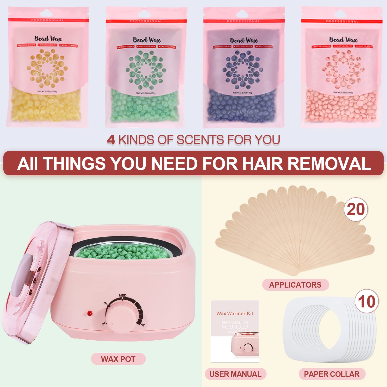 Waxing Kit Wax Warmer Hair Removal, with Hard Wax Beans, Adjustable Temperature for All Wax/Hair Types, Eyebrow, Facial, Body, Bikini, Brazilian, Full Body At Home Waxing Painless