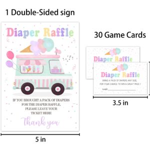 Diaper Raffle Baby Shower Game, 1 Standing Sign and 50 Tickets, Ice Cream Truck Theme Gender Neutral For Boys or Girls, Bring A Pack of Diapers for Mom-To-Be, (036)