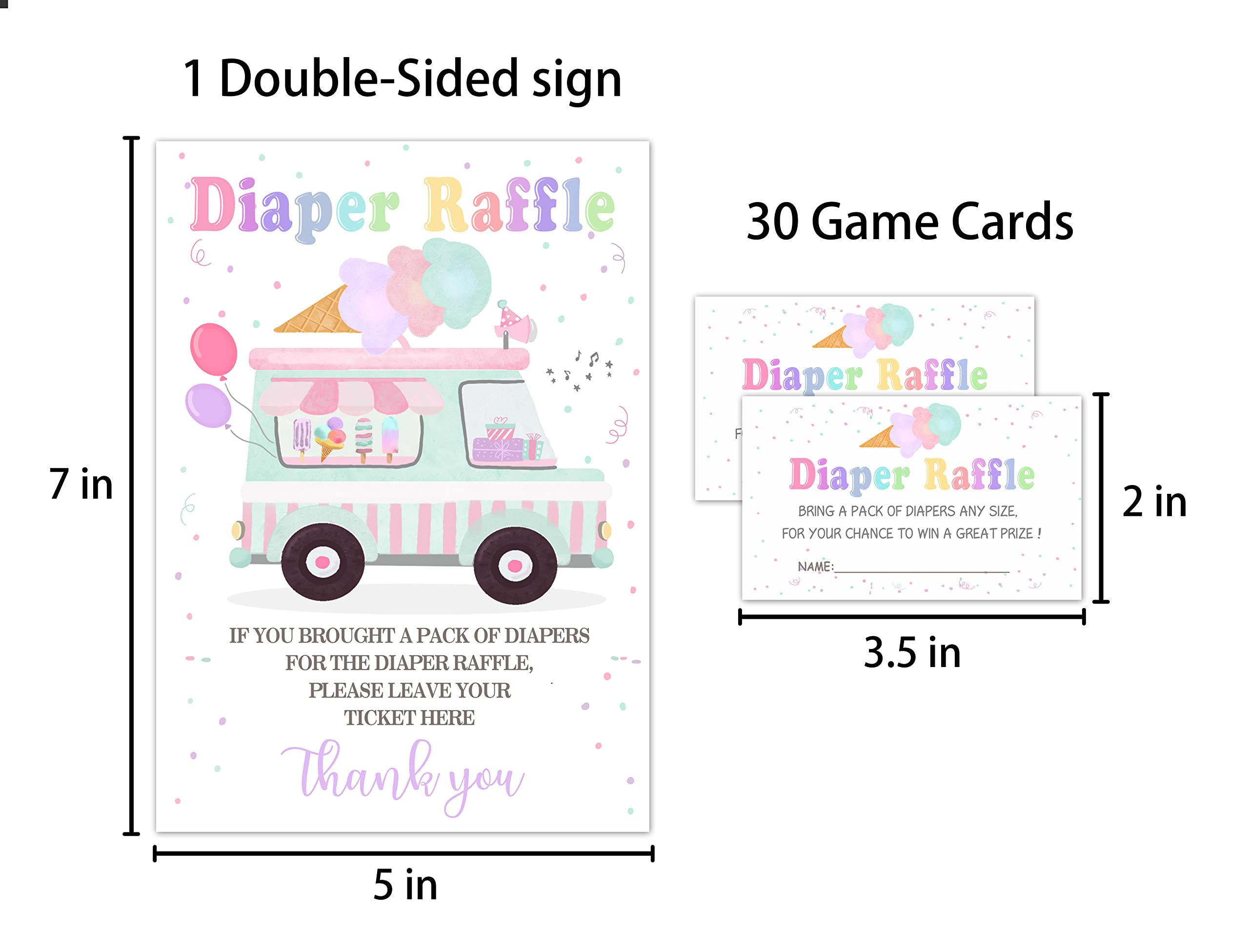 Diaper Raffle Baby Shower Game, 1 Standing Sign and 50 Tickets, Ice Cream Truck Theme Gender Neutral For Boys or Girls, Bring A Pack of Diapers for Mom-To-Be, (036)