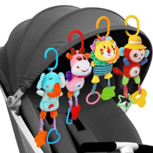 Baby Toys for 3 6 9 to 12 Months, Infant Toys Soft Hanging Rattle Crinkle Sensory Learning Toys Newborn Stroller Car Seat Crib Toys Plush Animal Rattle Toys with Teether for Baby Boys Girls