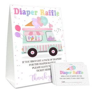 diaper raffle baby shower game, 1 standing sign and 50 tickets, ice cream truck theme gender neutral for boys or girls, bring a pack of diapers for mom-to-be, (036)