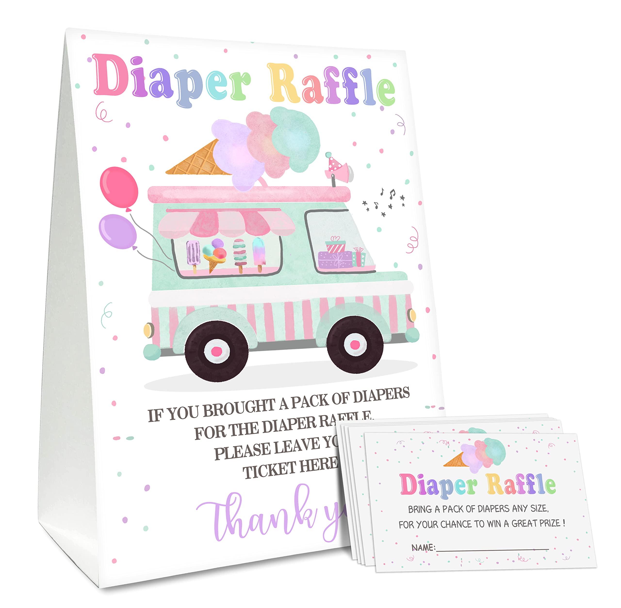 Diaper Raffle Baby Shower Game, 1 Standing Sign and 50 Tickets, Ice Cream Truck Theme Gender Neutral For Boys or Girls, Bring A Pack of Diapers for Mom-To-Be, (036)