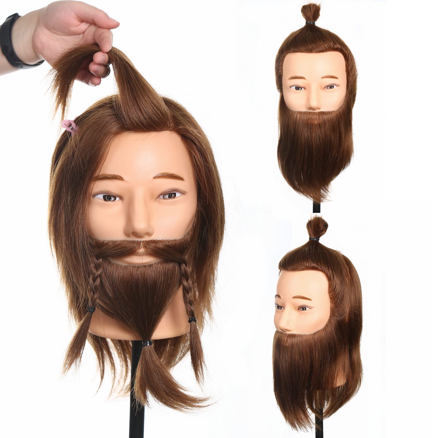 Romance Queen Male Mannequin Head With Hair Human Hair Manikin For Men Cosmetology 8inch Straight Beard Manikin Head With Human Hair with Stand Practice Cutting Styling (8inch)