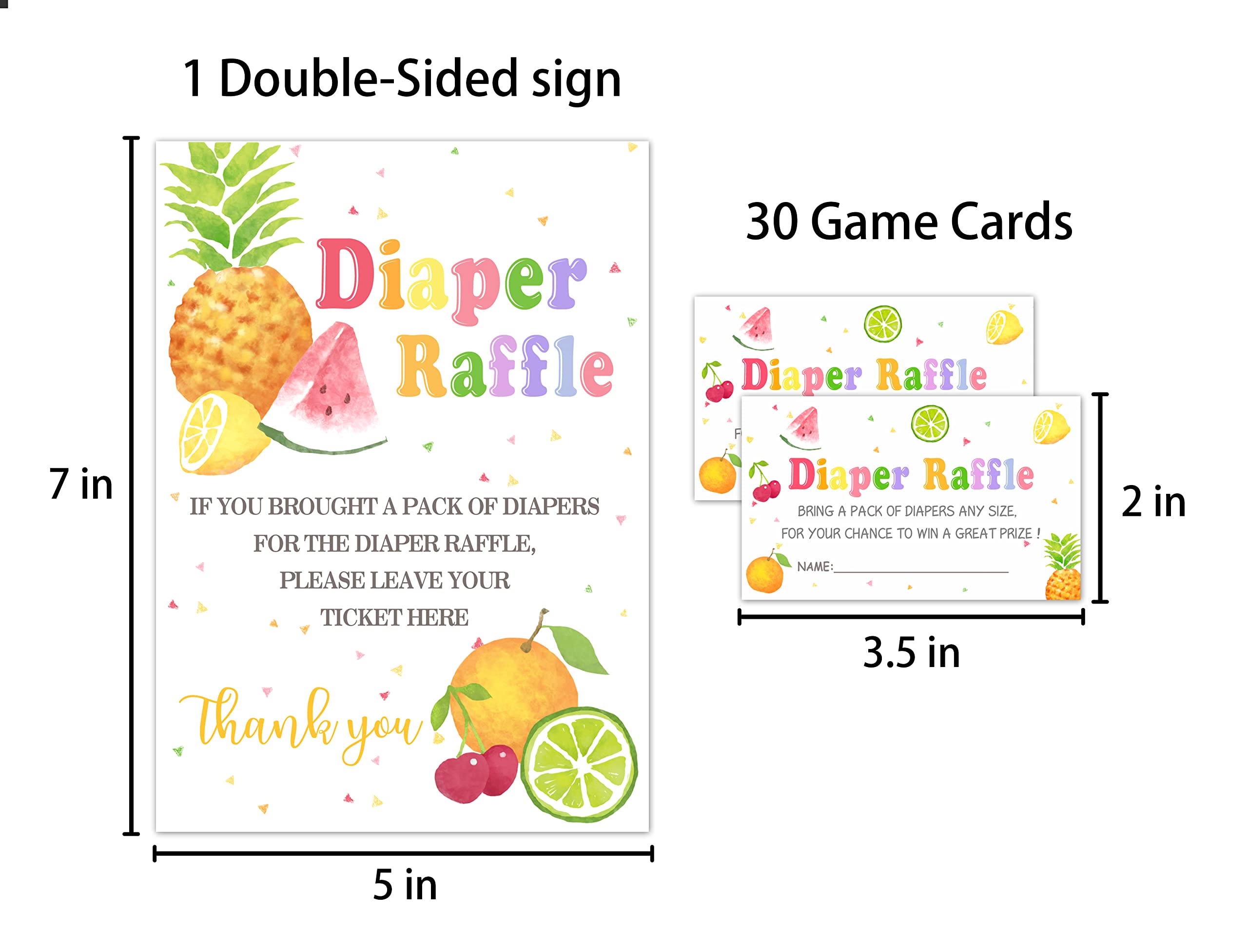 Diaper Raffle Baby Shower Game, 1 Standing Sign and 50 Tickets, Fruits Theme Gender Neutral For Boys or Girls, Bring A Pack of Diapers for Mom-To-Be, (038)