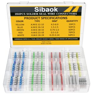 250pcs solder seal wire connectors-sibaok waterproof wire connectors-heat shrink wire connectors-heat shrink butt connectors-self solder for marine, utv, boat, aircraft, truck, joint (5 colors/sizes)