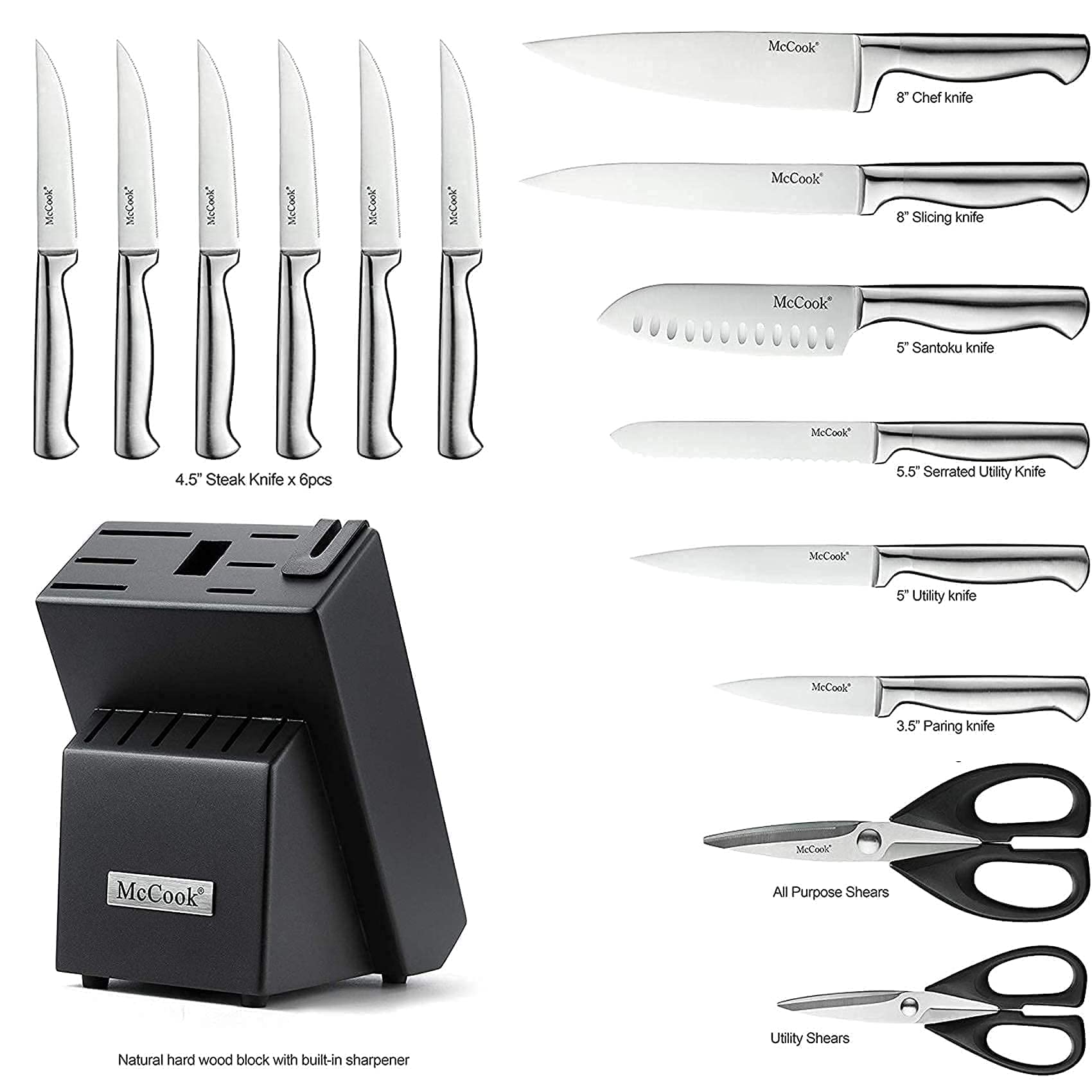 MC21 15 Pieces German Stainless Steel Knife Sets with Built-in Sharpener + MCW11 Bamboo Cutting Boards Set of 4 (Large, 17”11.4”0.8”)