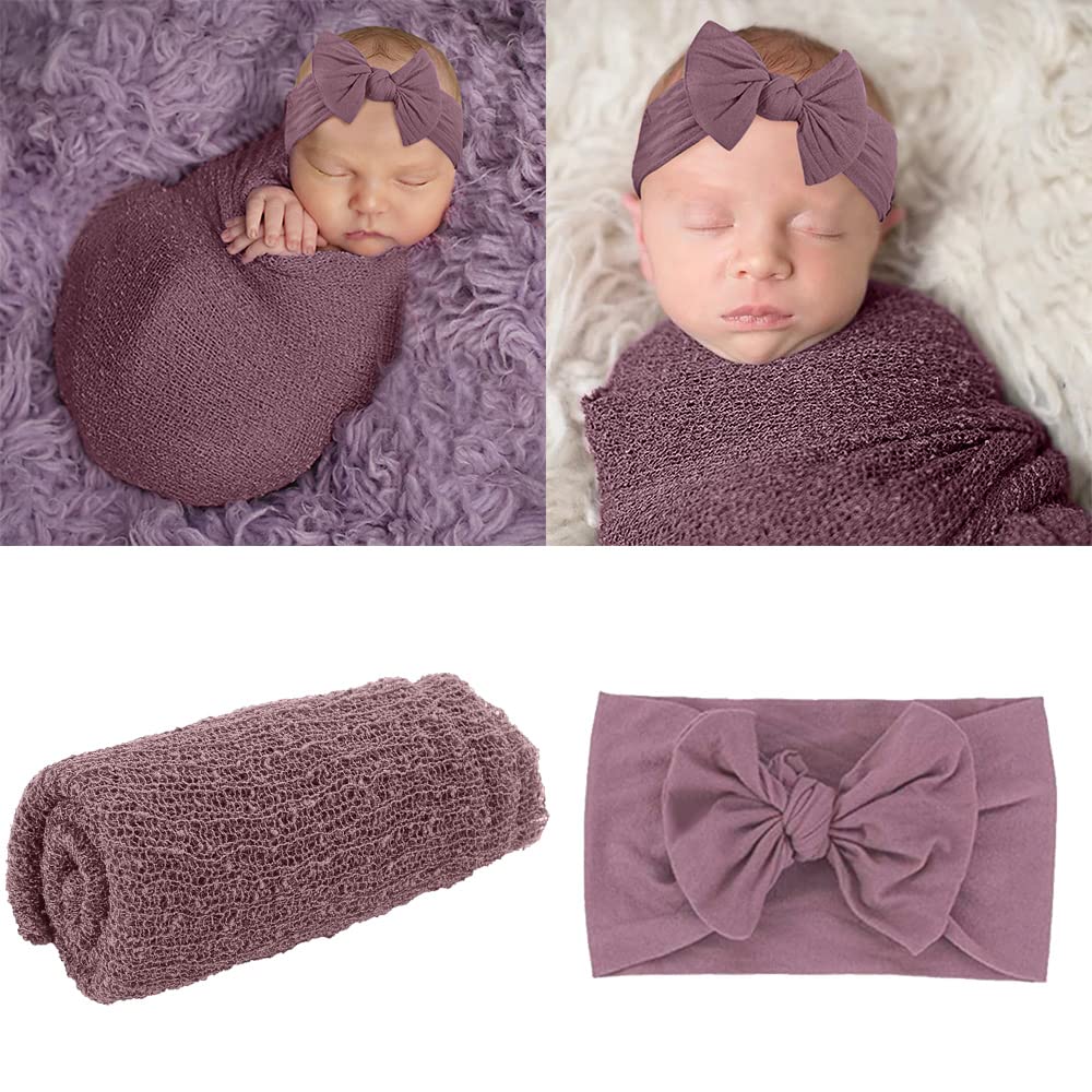 Baby Photo Props - 6 PCS Newborn Photography Wraps Long Ripple Wraps with Headbands, Baby Photo Props Set for Baby Girl and Boy (White, Pink, Purple)