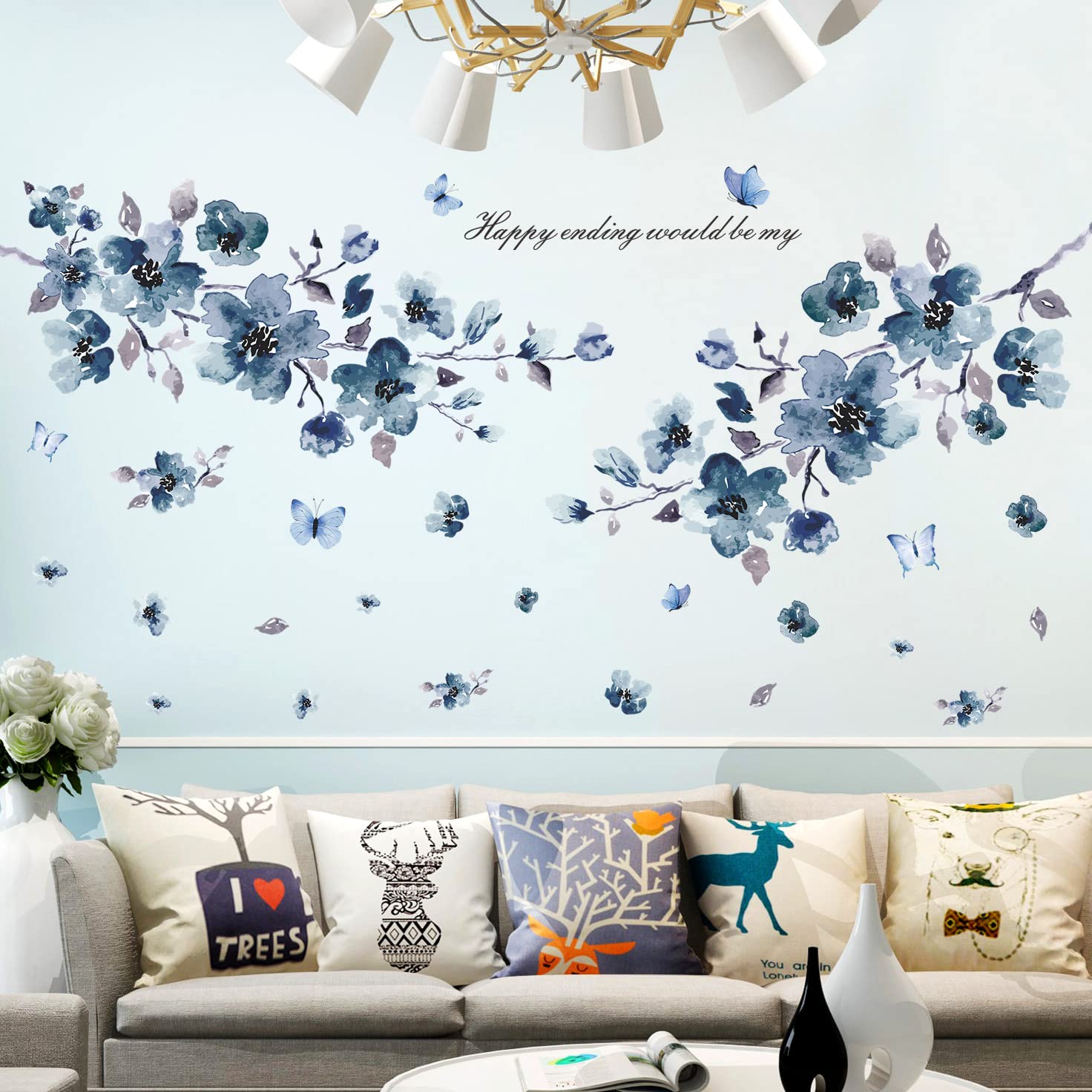 Removable Blue Peach Flowers Wall Decals 3D Cherry Blossom Floral Tree Branches Butterfly Wall Stickers DIY Flowers Butterfly Plants Wall Decor for Kids Bedroom Living Room Nursery Playroom DT-4956