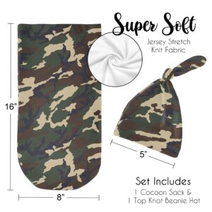 Sweet Jojo Designs Woodland Camo Boy Cocoon and Beanie Hat Set Jersey Stretch Knit Sleeping Bag for Infant Newborn Nursery Sleep Wrap Sack - Beige, Green and Black Rustic Forest Camouflage