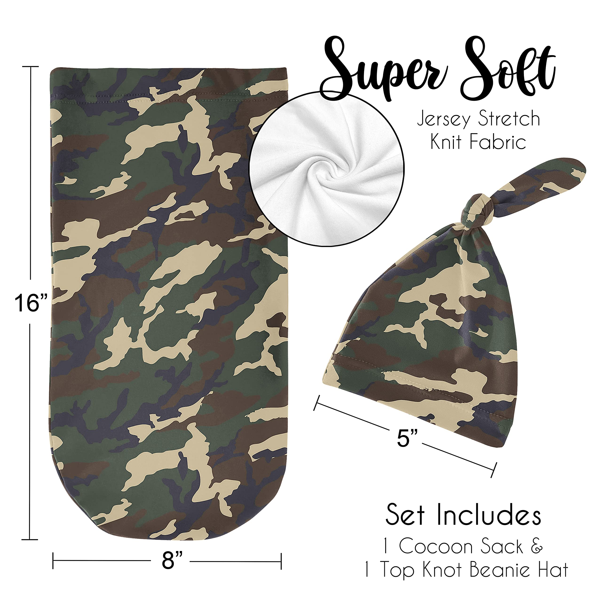 Sweet Jojo Designs Woodland Camo Boy Cocoon and Beanie Hat Set Jersey Stretch Knit Sleeping Bag for Infant Newborn Nursery Sleep Wrap Sack - Beige, Green and Black Rustic Forest Camouflage