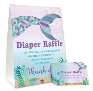 nopoben diaper raffle baby shower game, 1 standing sign and 50 tickets, mermaid theme gender neutral for boys or girls, bring a pack of diapers for mom-to-be, (025)