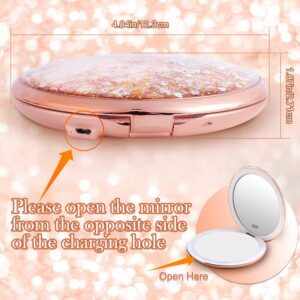 B Beauty Planet Compact 20X Magnifying Mirror with Light,5-Inch,LED Travel Compact Mirror, Liquid Bling Glitter Quicksand Portable Folding Mirror with Lights(Golden Rose)