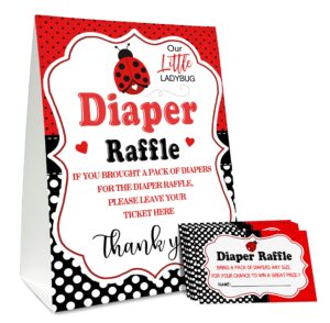 diaper raffle baby shower game, 1 standing sign and 50 tickets, ladybug theme gender neutral for boys or girls, bring a pack of diapers for mom-to-be, (026)