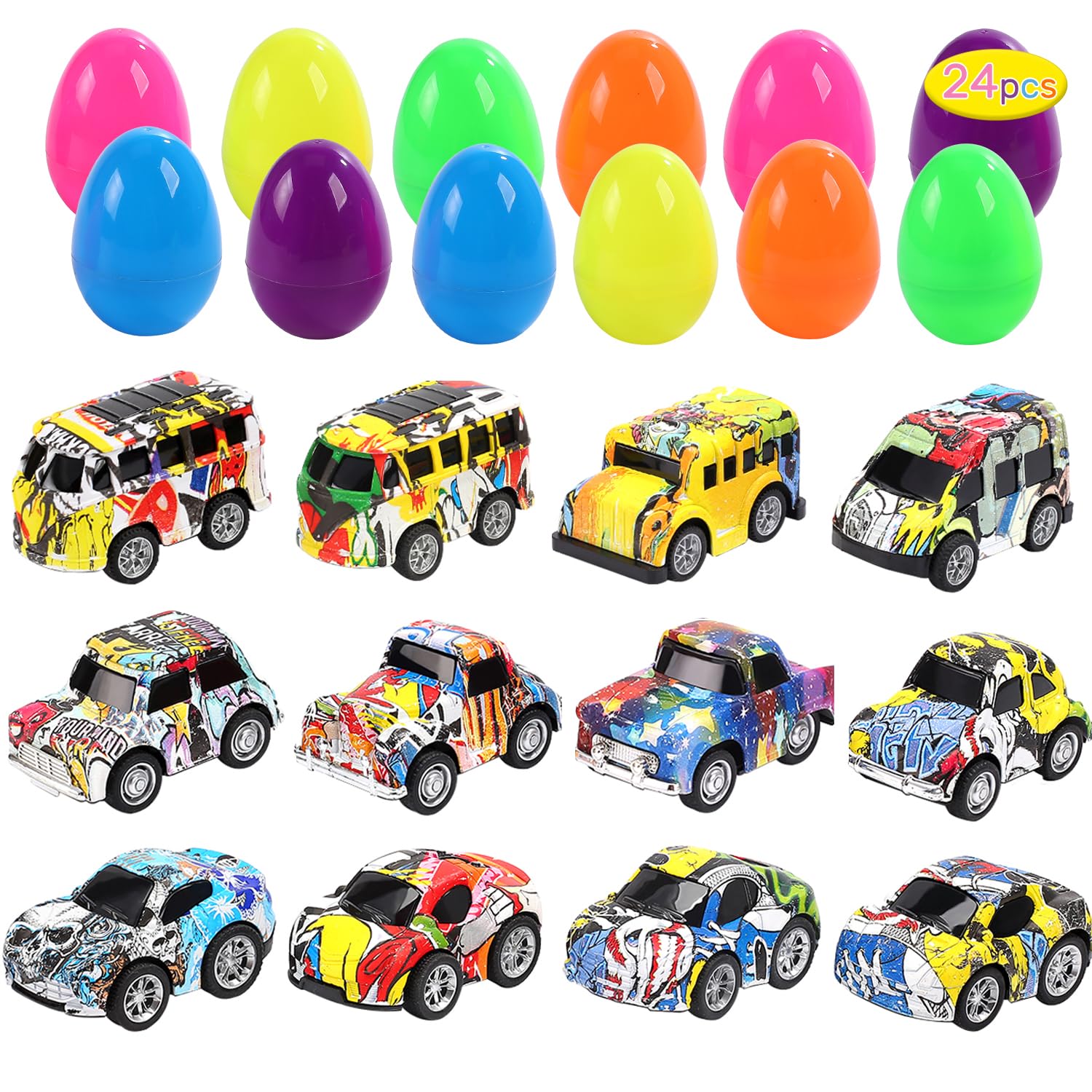 CUTE STONE 12 Pack Filled Easter Eggs with Alloy Pull Back Cars, Friction Powered Vehicles, Easter Basket Stuffers Easter Party Favors for Boy, Girls and Kids