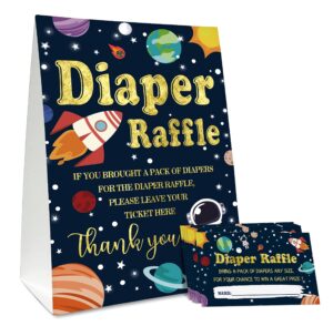 nopoben diaper raffle baby shower game, 1 standing sign and 50 tickets, outer space theme gender neutral for boys or girls, bring a pack of diapers for mom-to-be, (035)