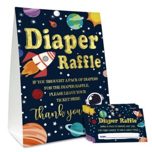 Nopoben Diaper Raffle Baby Shower Game, 1 Standing Sign and 50 Tickets, Outer Space Theme Gender Neutral for Boys or Girls, Bring A Pack of Diapers for Mom-to-Be, (035)