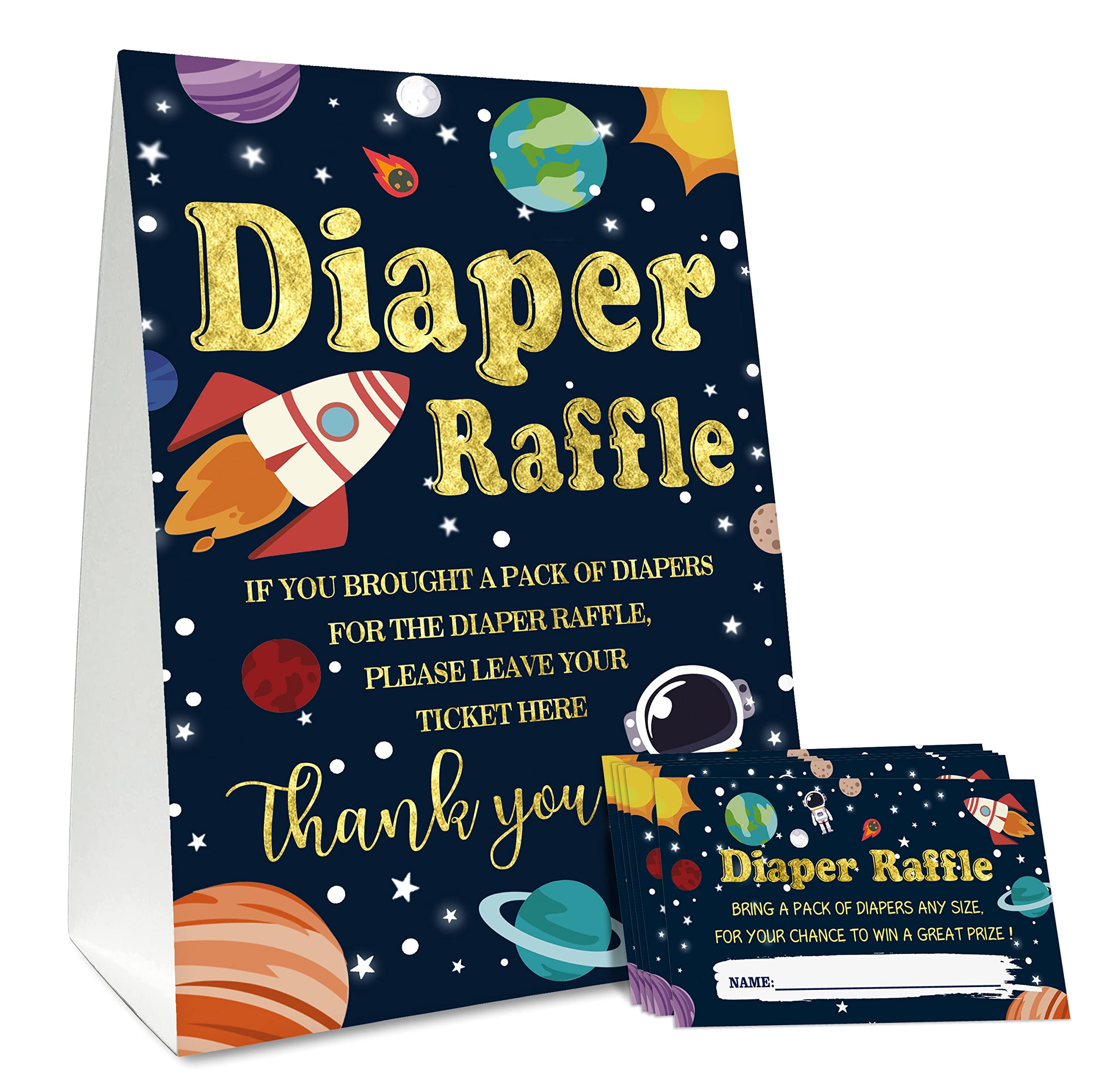 Nopoben Diaper Raffle Baby Shower Game, 1 Standing Sign and 50 Tickets, Outer Space Theme Gender Neutral for Boys or Girls, Bring A Pack of Diapers for Mom-to-Be, (035)