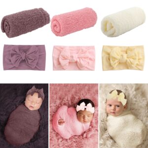 baby photo props - 6 pcs newborn photography wraps long ripple wraps with headbands, baby photo props set for baby girl and boy (white, pink, purple)