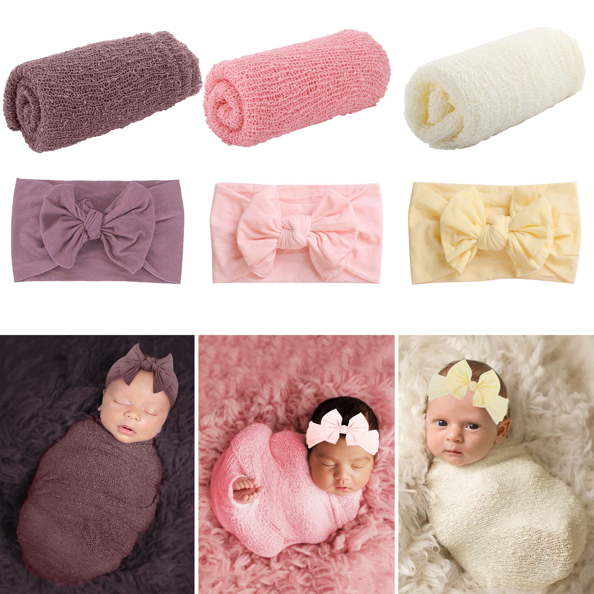 Baby Photo Props - 6 PCS Newborn Photography Wraps Long Ripple Wraps with Headbands, Baby Photo Props Set for Baby Girl and Boy (White, Pink, Purple)