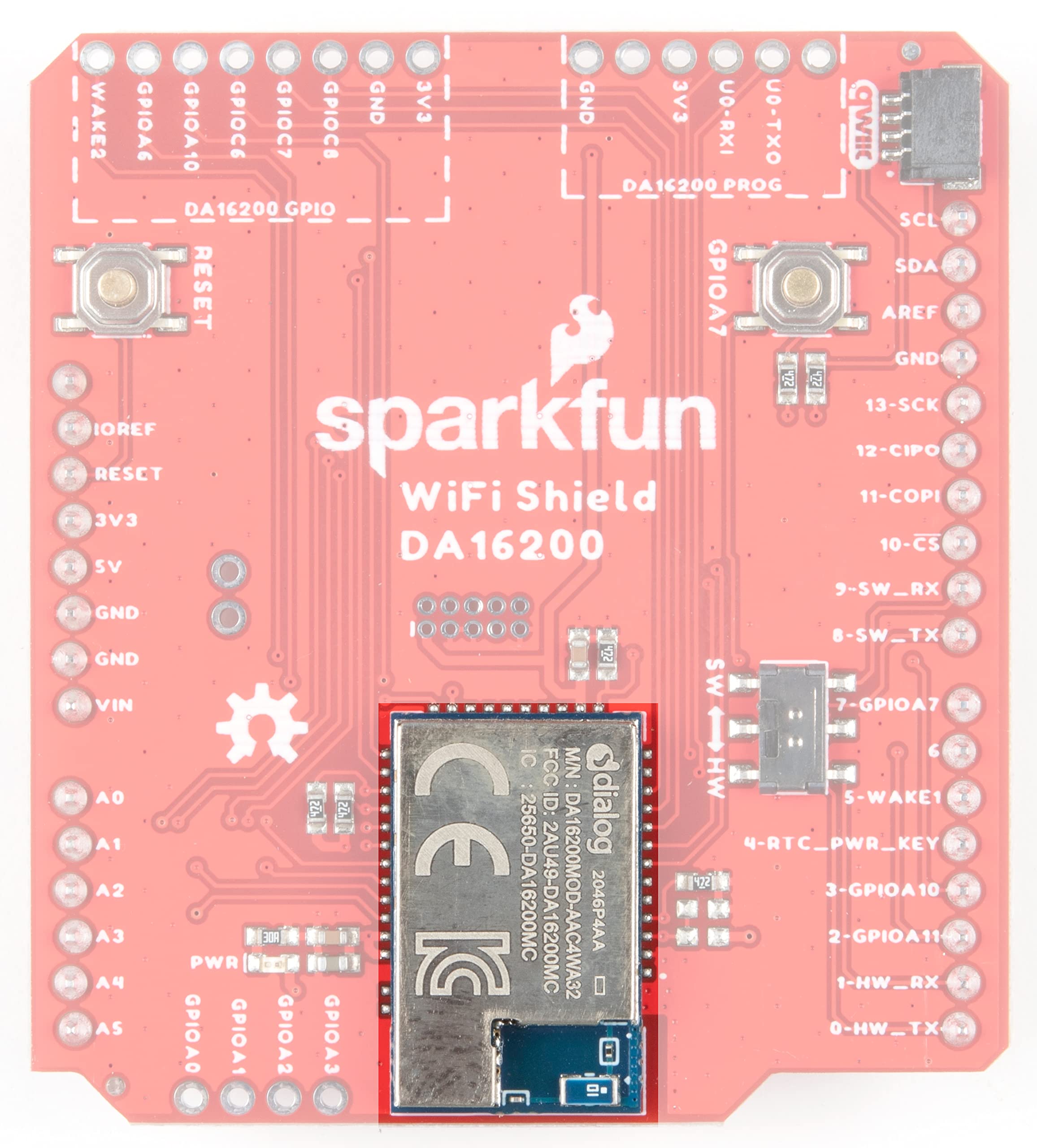 SparkFun Qwiic WiFi Shield - DA16200 -Ultra Low Power IOT WiFi Module -4MB Flash Memory -Qwiic Connector -Internet of Things -RTC Clock -On-Board chip Antenna -Three Ultra Low Power Sleep Modes