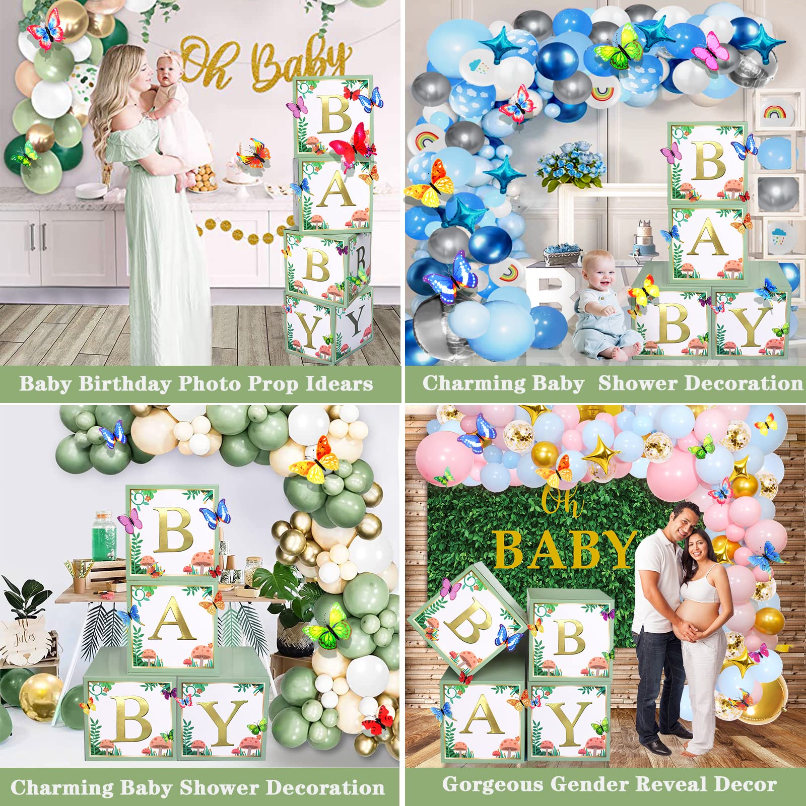 Baby Shower Decorations for Girl Sage Green Baby Block Box with Letters for Baby Shower Decor Neutral Baby Gender Reveal Decorations with 3D Butterfly