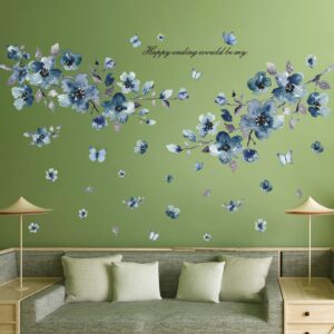 Removable Blue Peach Flowers Wall Decals 3D Cherry Blossom Floral Tree Branches Butterfly Wall Stickers DIY Flowers Butterfly Plants Wall Decor for Kids Bedroom Living Room Nursery Playroom DT-4956