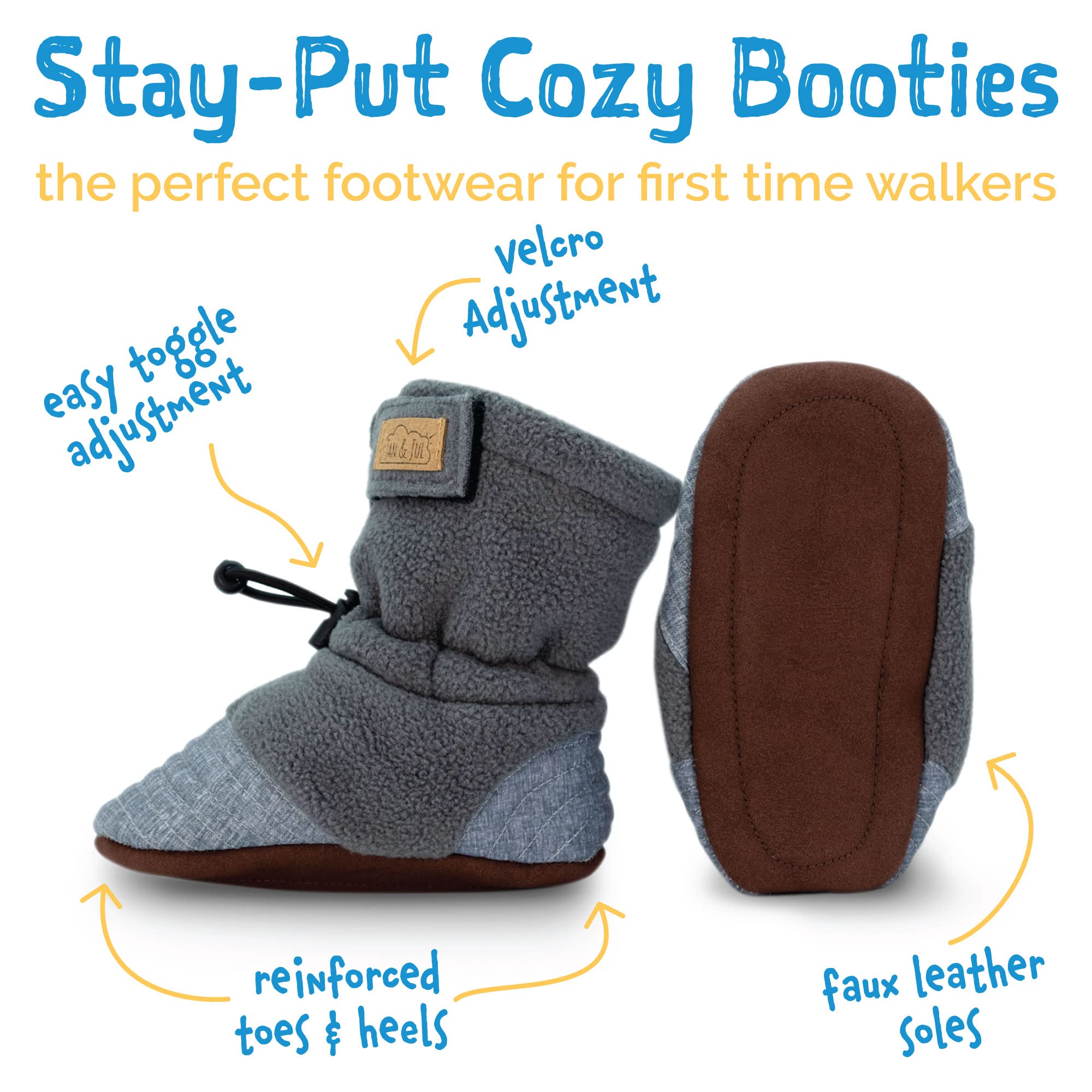 JAN & JUL Baby Stay-On Fleece Booties for First Walkers, Infant Boys and Girls Shoes (Heather Grey, Small Infant)