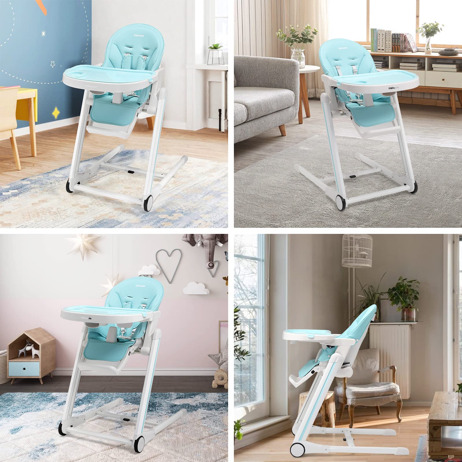 PAPAMIA Baby High Chair for Toddlers, Folding Portable Infant Feeding Dining Chair, 5-Level Height Adjust Easy-to-Clean Baby Chair with Safety Buckle (Blue)