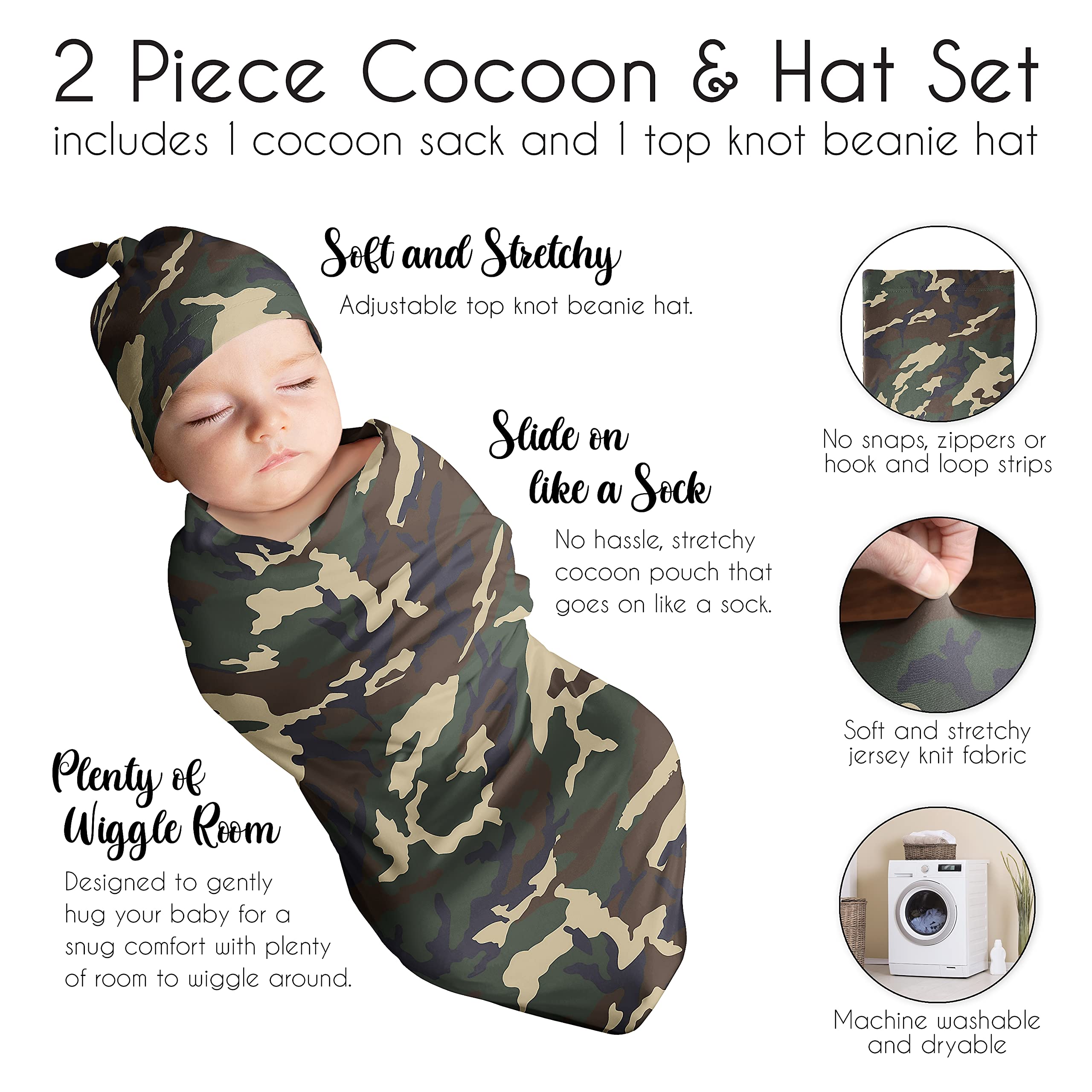 Sweet Jojo Designs Woodland Camo Boy Cocoon and Beanie Hat Set Jersey Stretch Knit Sleeping Bag for Infant Newborn Nursery Sleep Wrap Sack - Beige, Green and Black Rustic Forest Camouflage