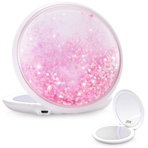 b beauty planet compact 20x magnifying mirror with light,5-inch,led travel compact mirror, liquid bling glitter quicksand portable folding mirror with lights(golden rose)