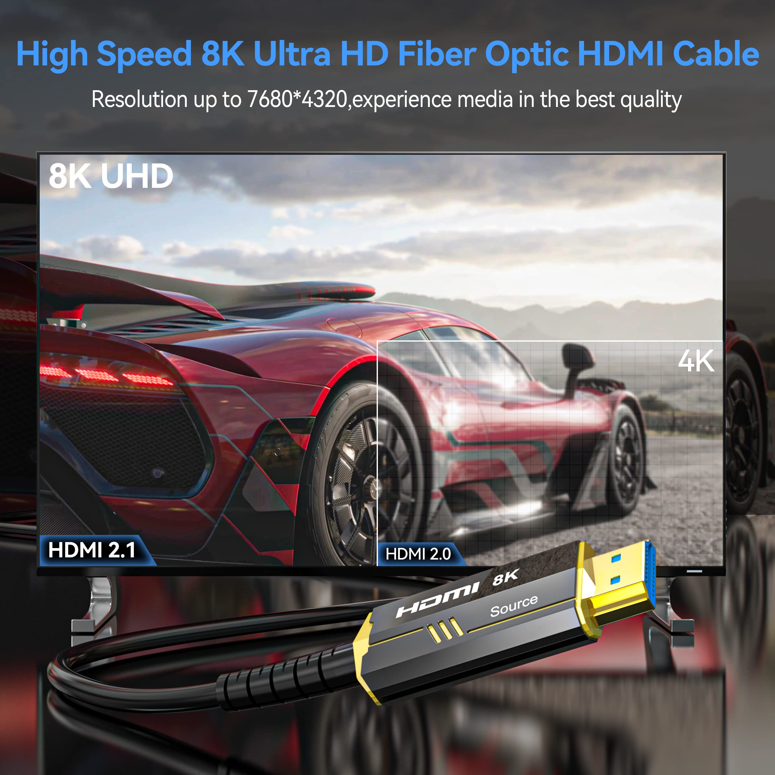 DGHUMEN Fiber Optic HDMI Cable 50FT, 8K (HDMI 2.1,48Gbps) Ultra High Speed HDMI Cord with Gold Plated Connectors, 8K@60Hz 4K@120Hz, Compatible for PC HDTV Projector Large Display, Male-to-Male